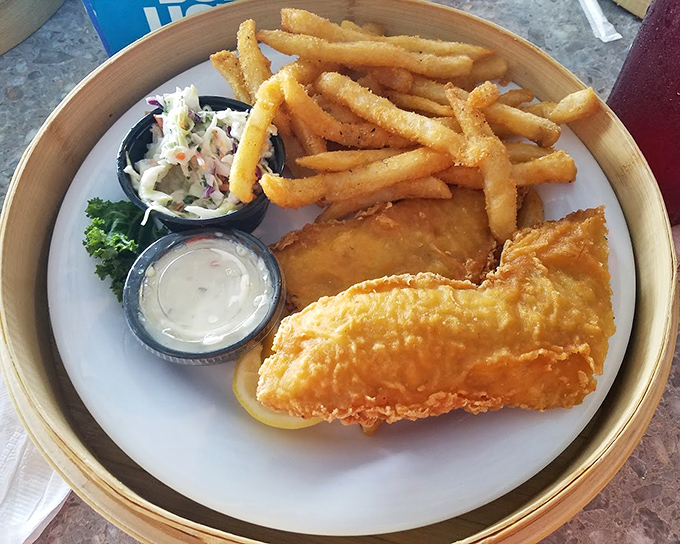 The fish and chips that launched a thousand return visits. Flaky white fish in golden beer batter that remains remarkably light, served alongside hand-cut fries.