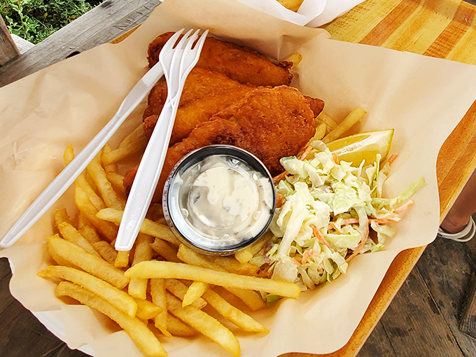 The star of our show: golden-battered fish and chips that would make a British pub jealous, served with the Pacific Ocean as your dining companion.