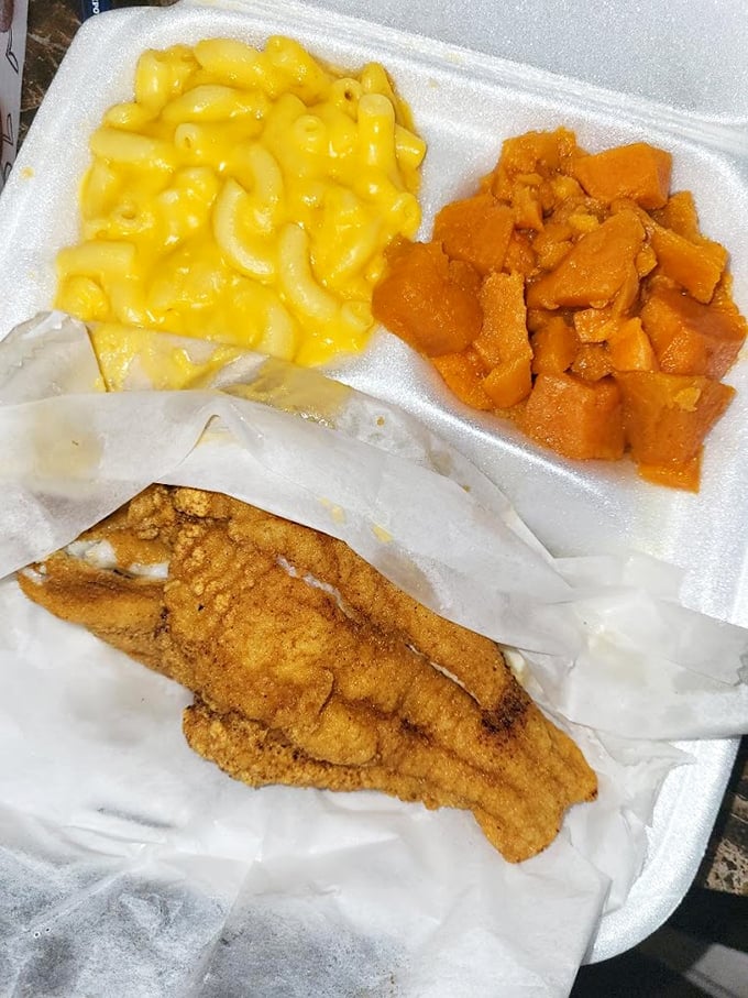 The holy trinity: golden-fried fish, mac and cheese that's actually cheesy, and candied yams that taste like Thanksgiving came early.