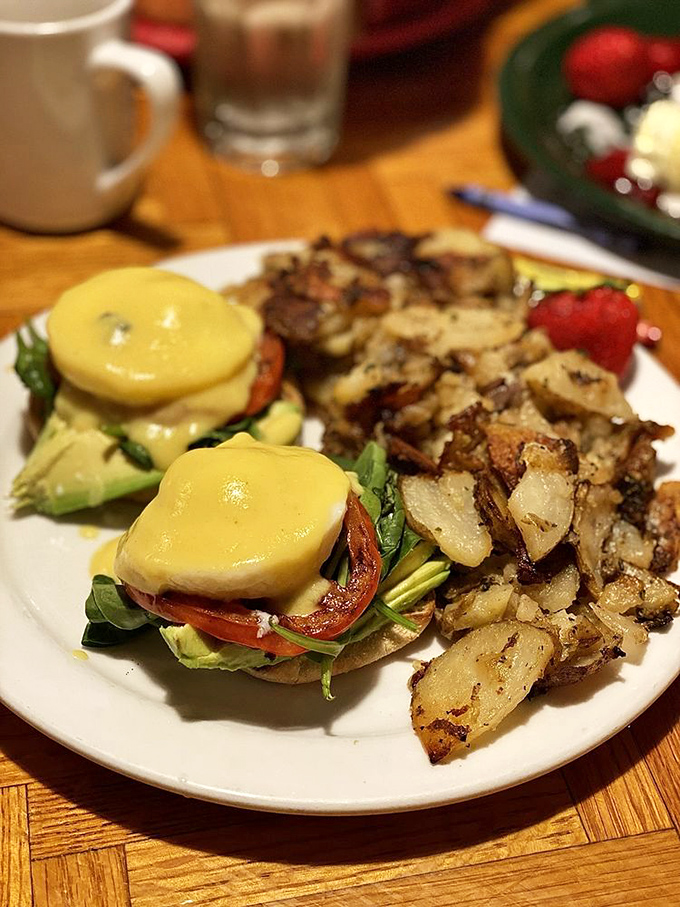 Benedict done right&mdash;where hollandaise meets California freshness. Those potatoes are the unsung heroes of this breakfast masterpiece.