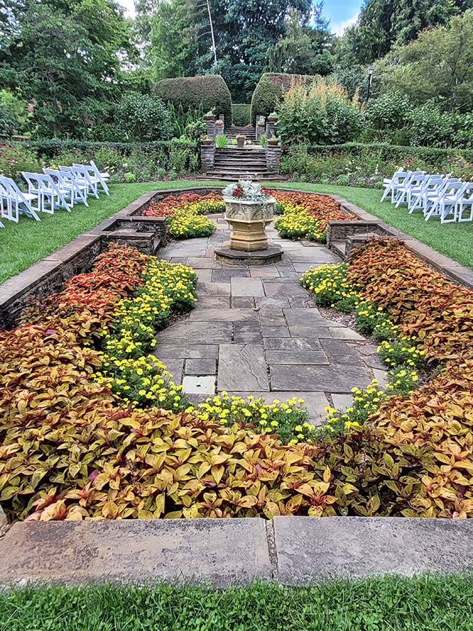 Wedding-ready or just perfect for contemplation, this formal garden space offers symmetrical beauty, a classic fountain, and enough flowers to make anyone swoon.