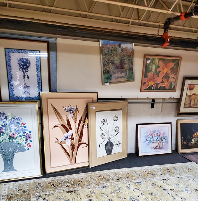 Wall art for every taste lines the gallery walls. That perfect "something" to fill the awkward space above your couch is definitely hiding here.