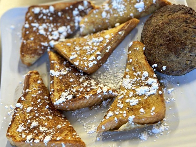 French toast dusted with powdered sugar like fresh Tennessee snow - simple pleasures that remind you why breakfast classics endure.