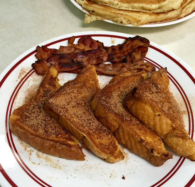 French toast that's achieved the perfect cinnamon-sugar crust, paired with bacon that's found the sweet spot between chewy and crisp.
