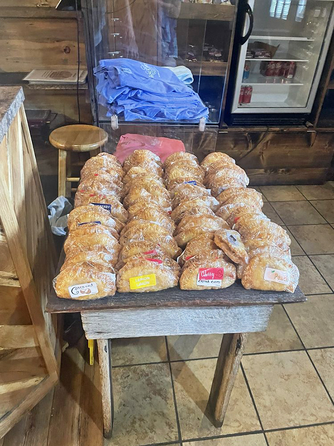 The fried pie display&mdash;where fruit-filled pastry pouches wait patiently to fulfill their destiny as the perfect handheld dessert or breakfast. No judgment here.