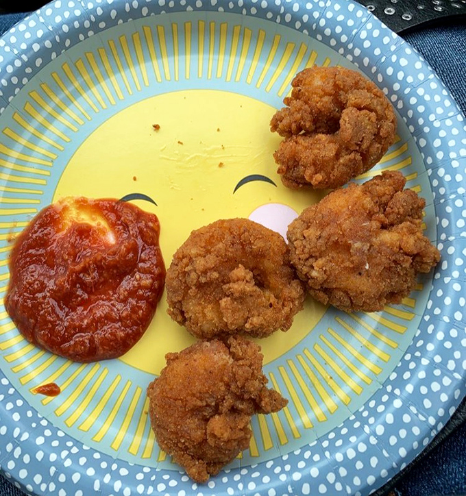 Fried shrimp and cocktail sauce on a whimsical plate &ndash; proof that sometimes the simplest pleasures deliver the most profound satisfaction.
