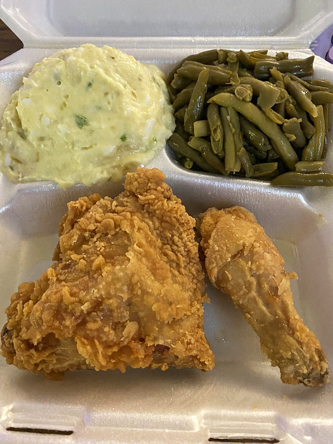 Fried chicken with that perfect golden crust, nestled beside creamy potato salad and tender green beans. This is what food dreams are made of.