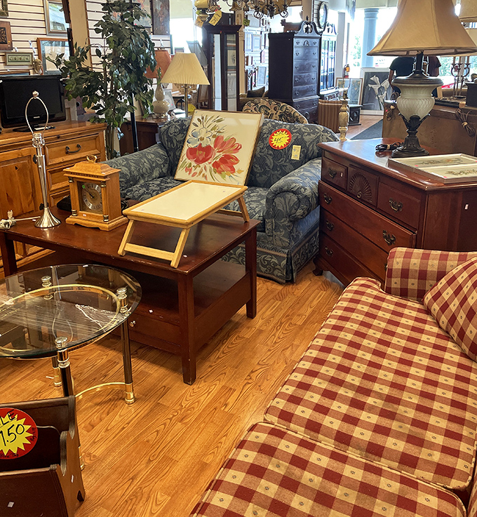 Living room vignettes showcase furniture with character and history, from floral sofas to wooden coffee tables just waiting for their second act.