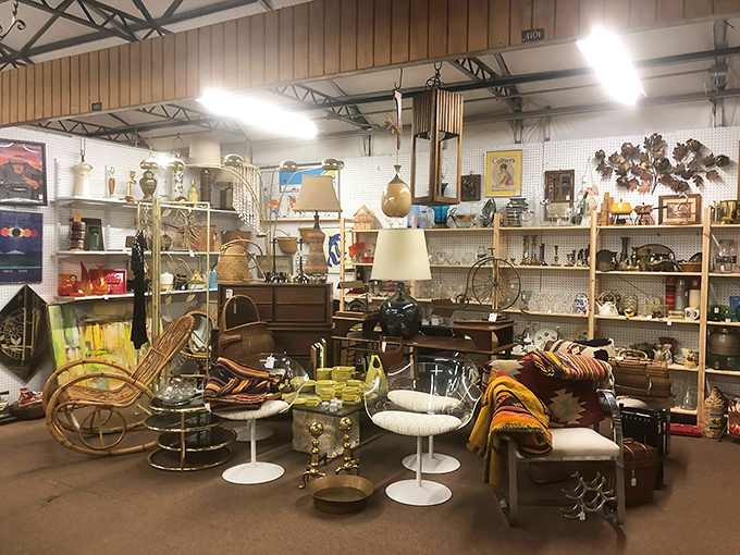 Mid-century meets bohemian in this furniture display. That wicker peacock chair is practically begging to be the star of your next Instagram post.