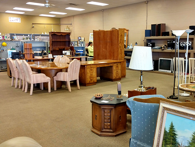 Dining sets and desks mingle like old friends at a reunion, waiting for their next chapter.