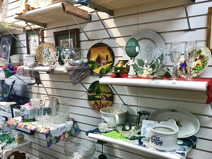 Decorative plates, crystal stemware, and collectible glassware line the shelves like an elegant garage sale curated by your stylish grandmother.