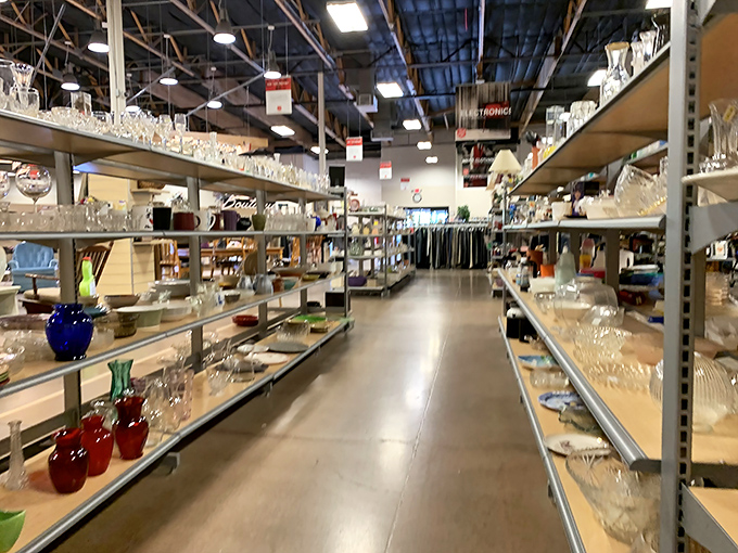 Crystal, glass, and ceramic treasures line these shelves like a museum of domestic history, each piece waiting for its second act.