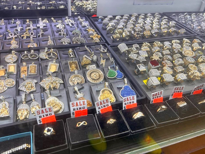 Gold and silver treasures that would make King Midas do a double-take. Each display case is like a tiny Fort Knox of personal expression.