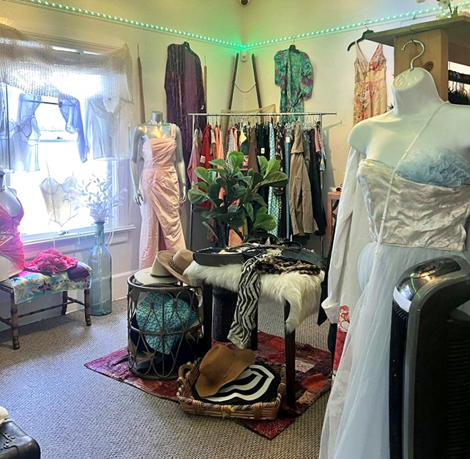 The formal room feels like stepping into a vintage Hollywood wardrobe department – these gowns have stories to tell and new memories to make.