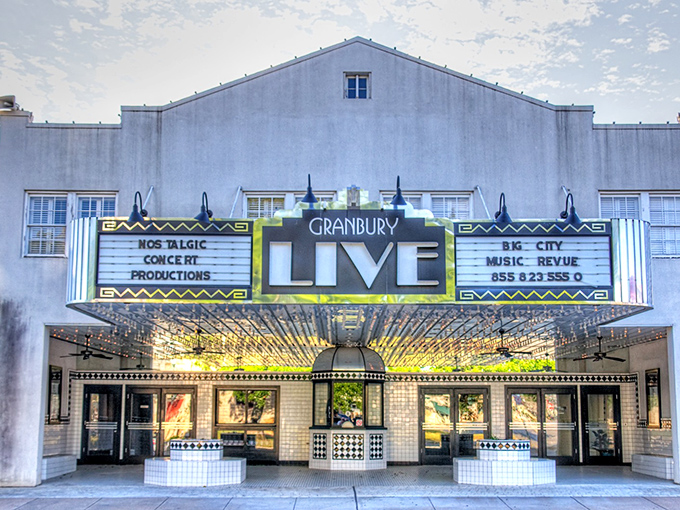 The Granbury Theater's neon marquee lights up the night, promising entertainment that's been drawing crowds since before Netflix was even a twinkle in someone's eye.