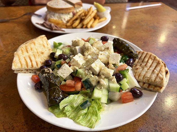 A Greek salad that brings Mediterranean sunshine to Pennsylvania. Those dolmades and feta cubes aren't just toppings&mdash;they're little flavor ambassadors.