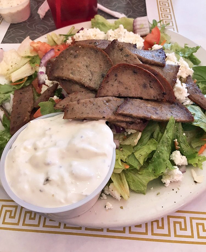 Greek meets Midwest in this gyro salad&mdash;a cultural handshake where Mediterranean flavors find their perfect Ohio home alongside creamy dressing.