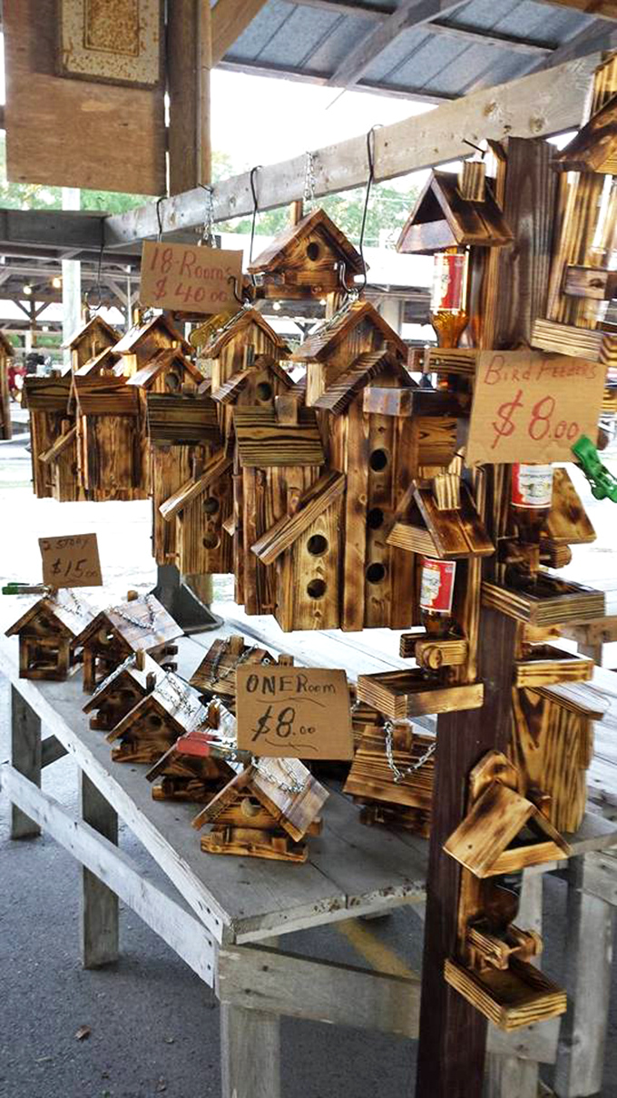 Handcrafted birdhouses await feathered tenants&mdash;real estate so charming even humans might consider downsizing.