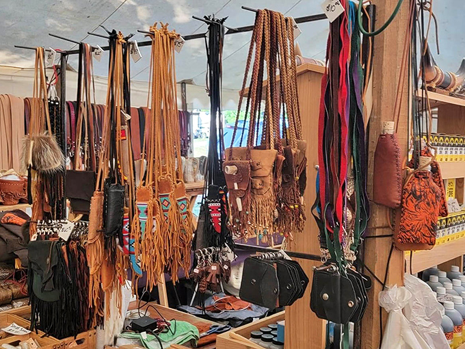 Handcrafted leather sheaths and knives display the kind of craftsmanship that makes you wonder if your smartphone-dependent life has missed something fundamentally satisfying.