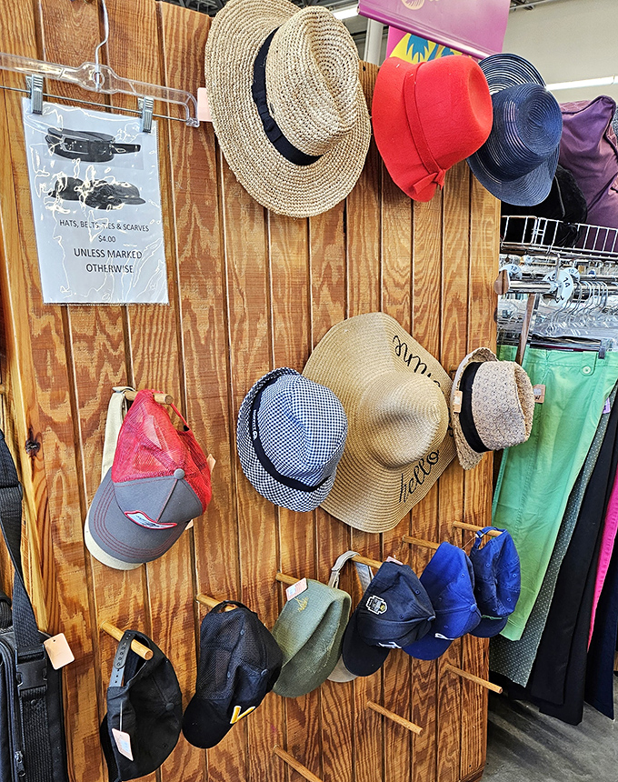 Florida's hat department: practical sun protection meets vacation vibes in this display where "Hello Sunshine" isn't just a greeting but a lifestyle statement.