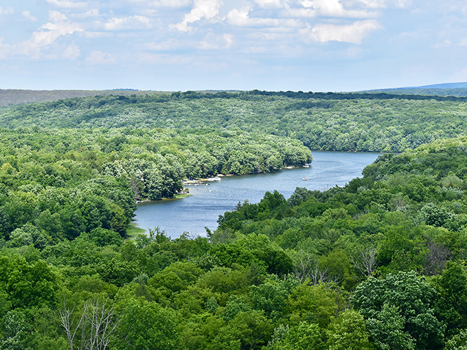 From this vantage point, Glendale Lake snakes through the lush Pennsylvania forest like a sapphire necklace draped across emerald velvet.
