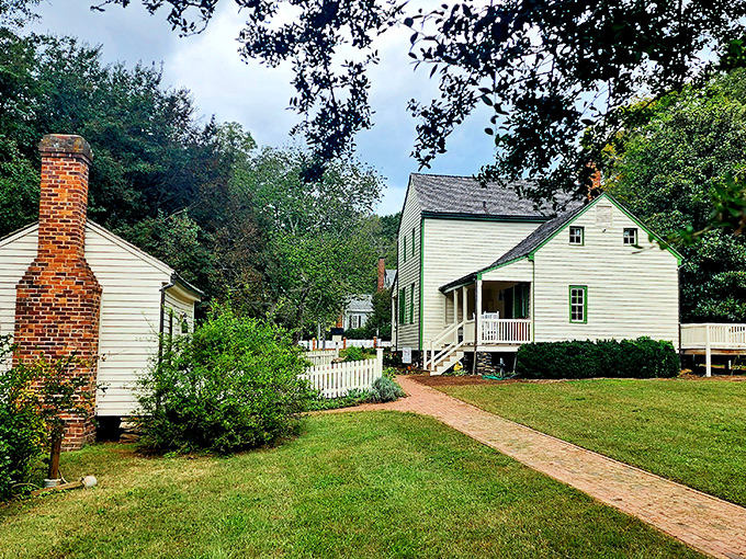 Historic white cottages with brick chimneys whisper tales of simpler times and front-porch wisdom.