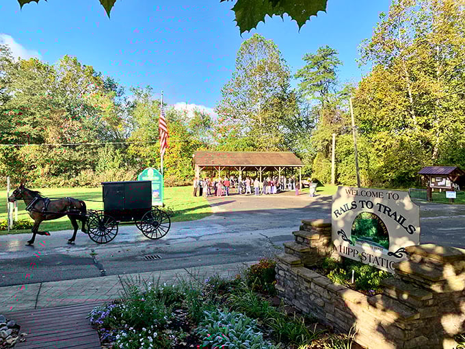 Welcome to Hipp Station, where horse-drawn buggies and modern tourists converge. It's like a time-travel transit hub with significantly better scenery.