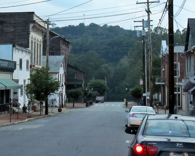 Dusk settles over Saltsburg's quiet streets, transforming an ordinary small town into something that belongs on a vintage postcard.