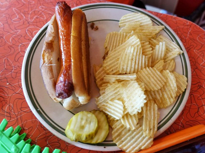 The classic hot dog comes dressed for success with a side of ridged potato chips&mdash;proof that simple pleasures are often the most satisfying.