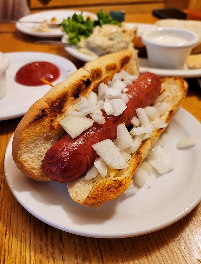 Hot dog heaven exists in Cleveland Heights, where this classic comes dressed with crisp onions on a perfectly toasted bun.