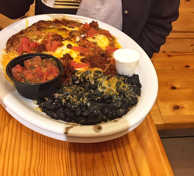 A skillet that means business &ndash; eggs, beans, cheese, and fresh salsa create a fiesta of flavors. The black beans alone are worth writing home about.