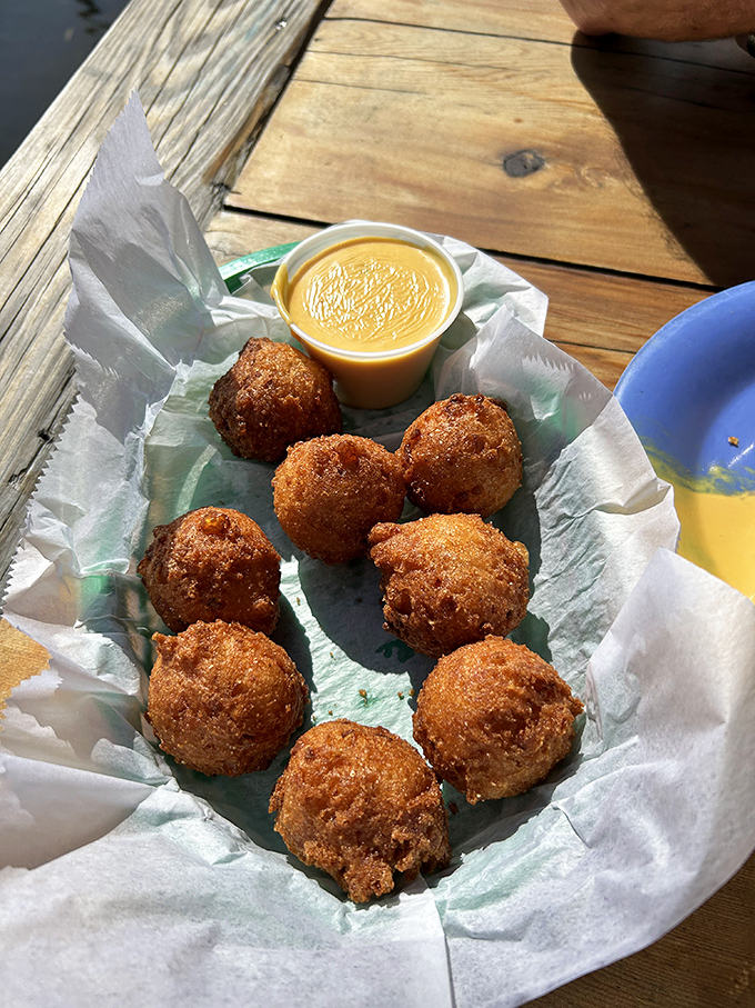 Golden-fried hush puppy perfection. These crispy cornmeal spheres of joy are what appetizer dreams are made of.