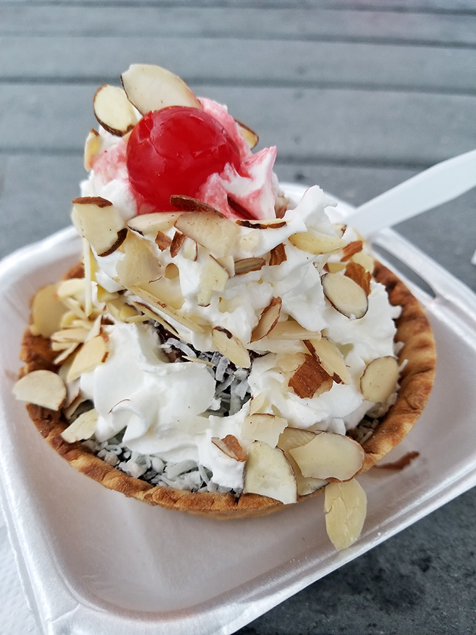 Ice cream sundaes here come topped with enough goodies to make your inner child do cartwheels.