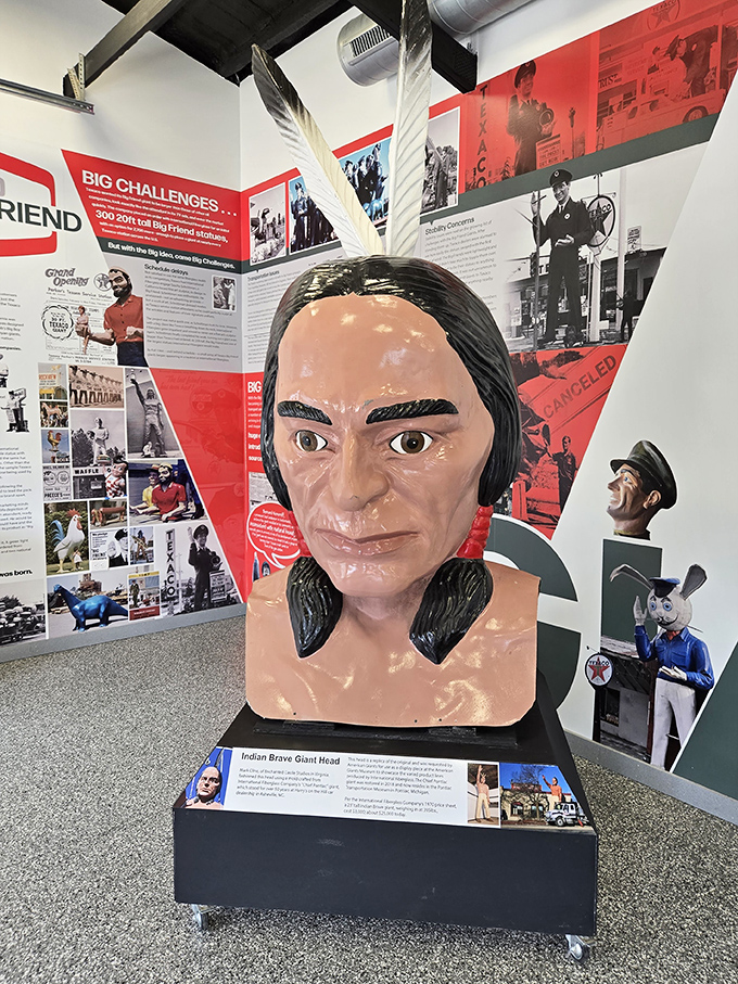 This stoic Native American head once towered above gas stations nationwide. Now he watches museum visitors with the same dignified expression that captivated generations of travelers.