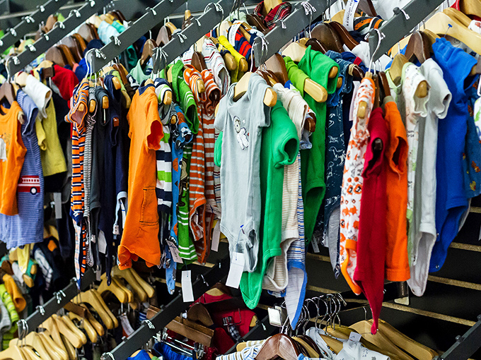 Baby clothes galore! Tiny garments in every color imaginable remind us that kids outgrow everything except our budget constraints.