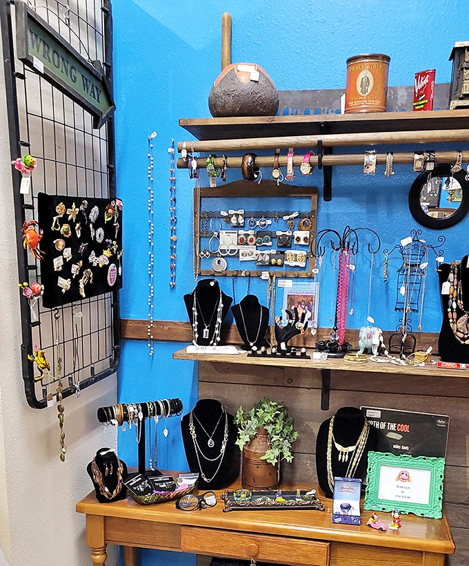 Jewelry displayed against that electric blue wall pops like fireworks. Each necklace and bracelet tells a story of fashion eras gone by, waiting for new adventures. 