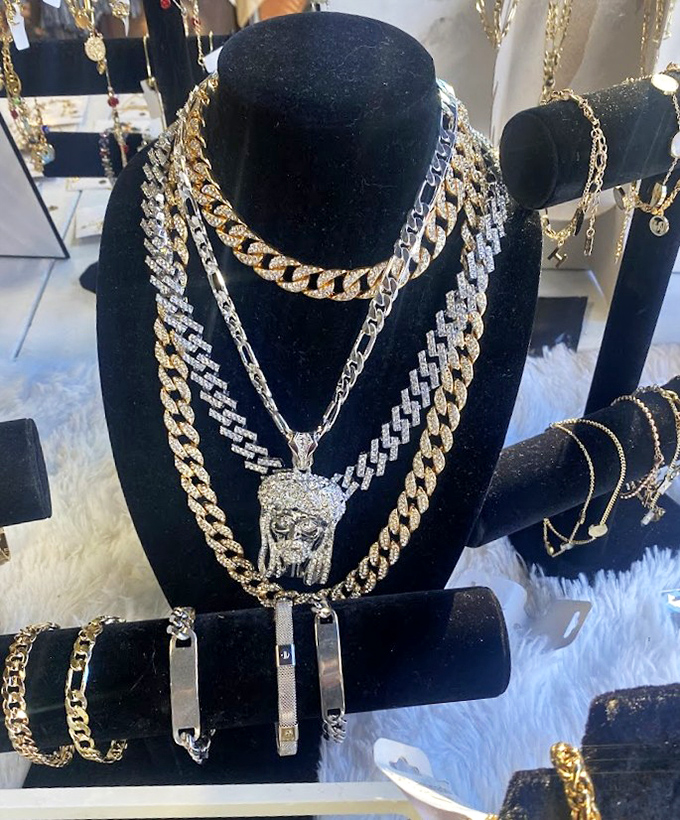 Bling that brings the wow! These gleaming chains and pendants await someone looking to channel their inner Mr. T—or just add some sparkle.