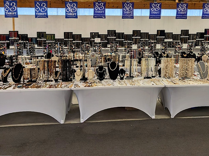 Glittering like an Ali Baba's cave of modern treasures, this jewelry display transforms ordinary tables into showcases of affordable elegance.