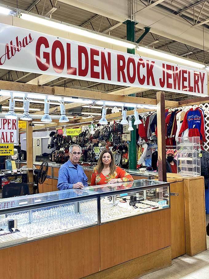 Golden Rock Jewelry stands as an island of sparkle in a sea of vintage finds. The display cases hold stories as valuable as the gems themselves.
