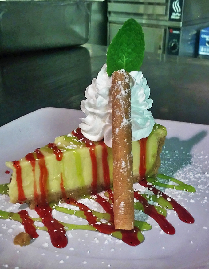 Key lime pie that strikes the perfect balance between sweet and tart, dressed up with artistic drizzles that make it almost too pretty to eat. Almost.