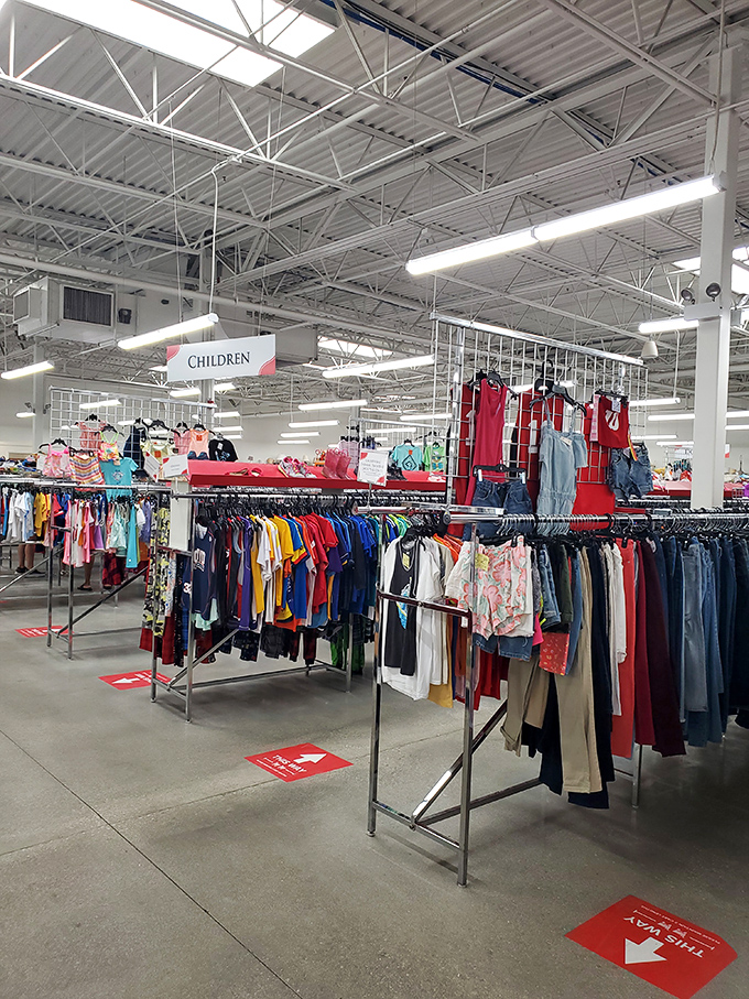 The children's clothing section offers a rainbow of options for growing kids, organized by size rather than by "dig until you find something" method.
