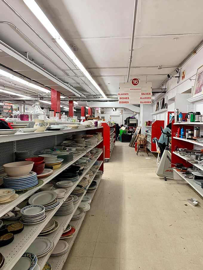 The kitchenware aisle&mdash;where your grandmother's Pyrex patterns live alongside forgotten corporate mugs, all waiting for their second act in your kitchen cabinets.