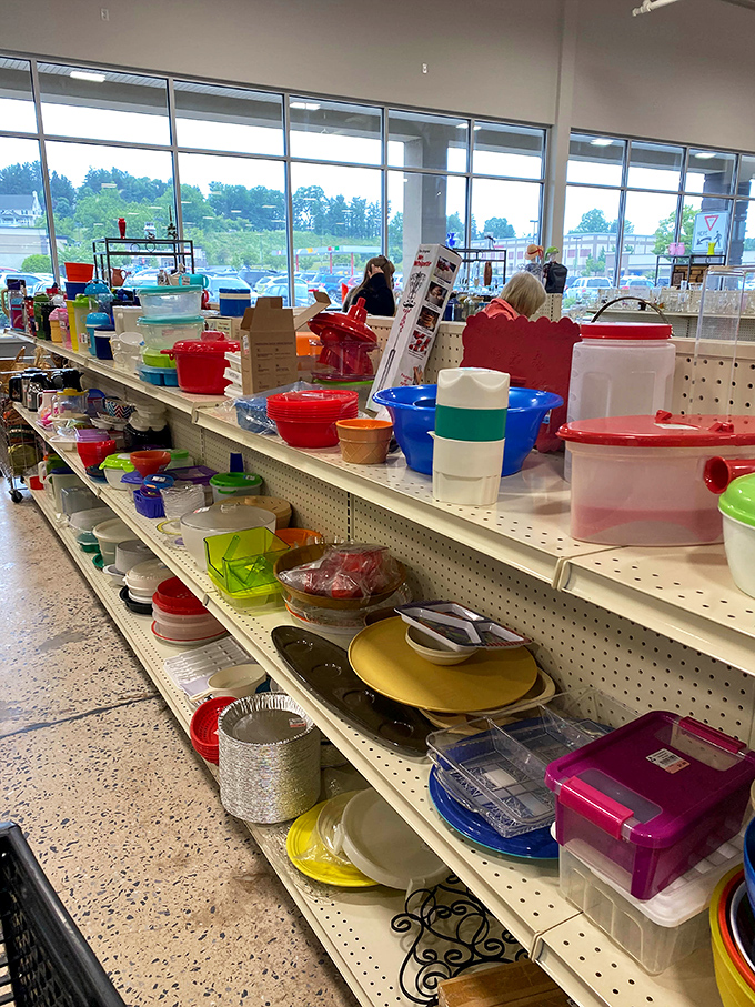 Kitchen treasures line the shelves like colorful soldiers&mdash;Tupperware battalions and serving platters ready for their second act in your home.