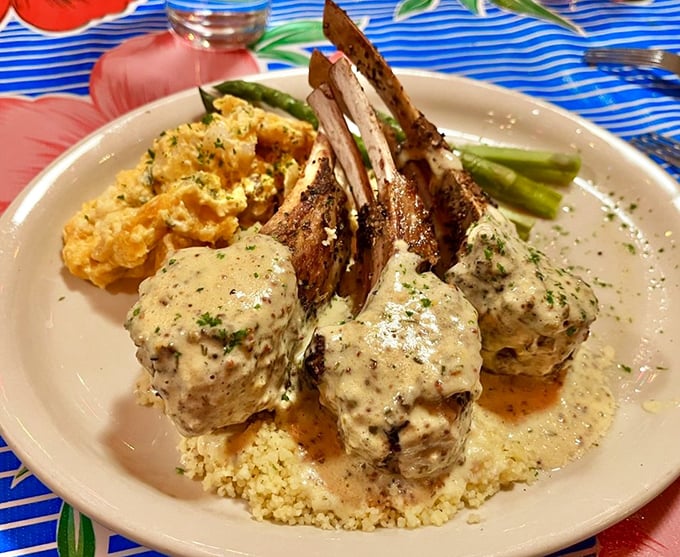 These lamb chops aren't just dinner&mdash;they're architecture, standing proudly in their creamy sauce like delicious monuments to Midwestern culinary craftsmanship.