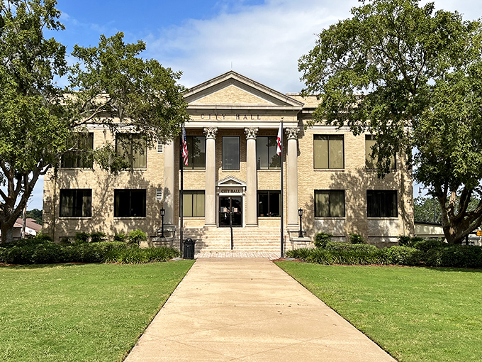 Leesburg's City Hall commands respect with its classical columns and symmetry&mdash;civic pride in architectural form, framed by Florida's impossibly blue sky.