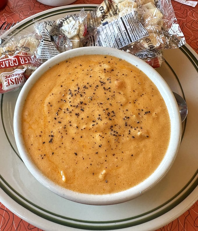 This isn't just soup—it's a creamy, peppery bisque that warms you from the inside out, served with crackers for the perfect textural contrast.
