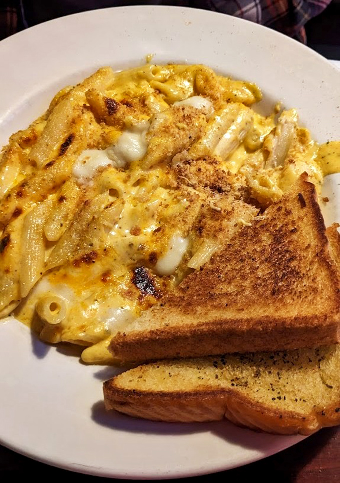 Mac and cheese that's achieved the impossible: simultaneously gooey and crispy, with a golden-brown top that deserves its own fan club.