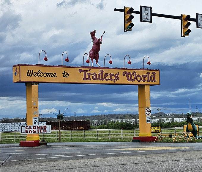 The entrance arch with its jaunty red bull statue serves as a quirky landmark that says, "Normal shopping rules don't apply here&mdash;and that's the fun of it."