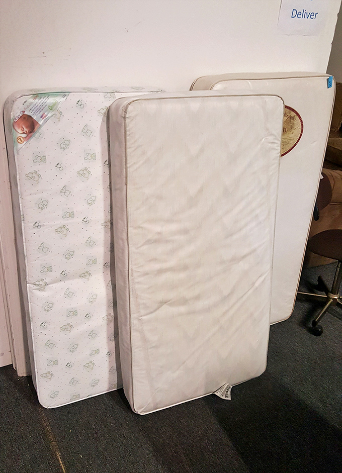 Mattresses standing at attention, ready for inspection. Someone's perfect night's sleep is just waiting to be discovered at a fraction of retail.