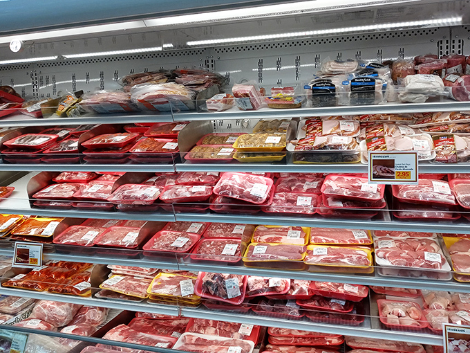 Fresh cuts displayed with butcher shop pride, proving quality doesn't require fancy packaging or pretense.
